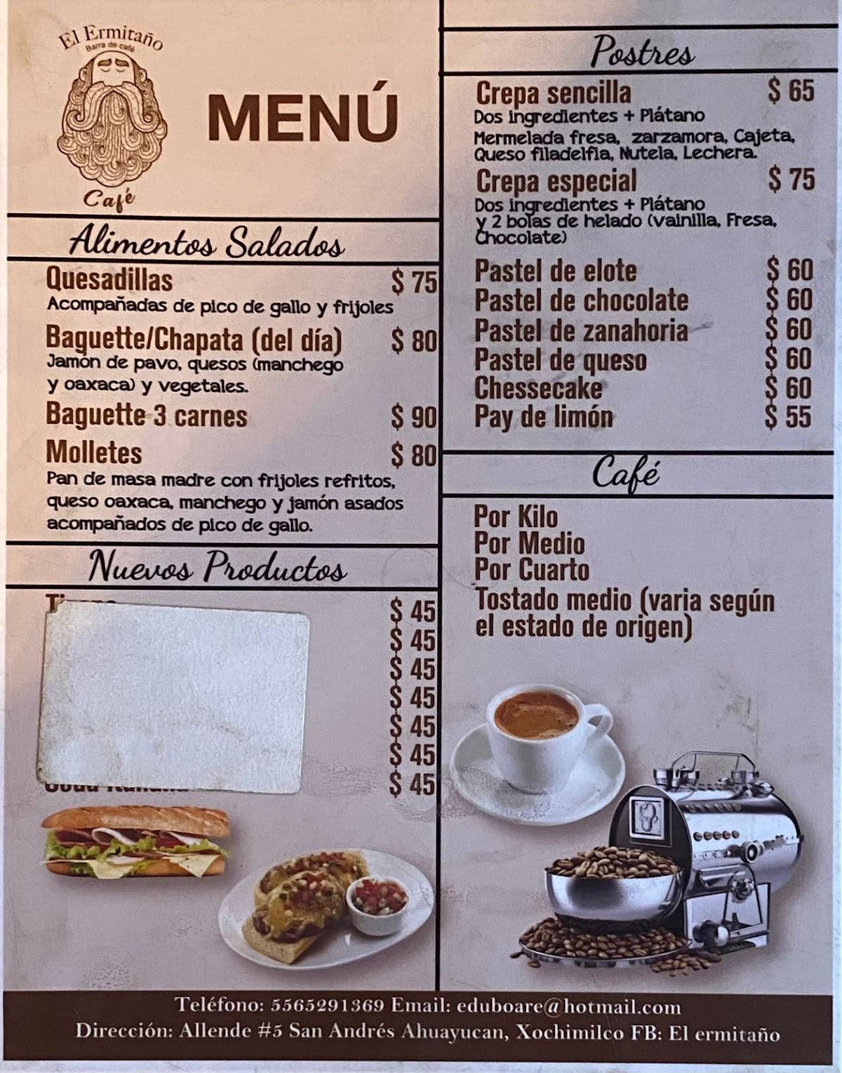 Menu at El ermitaño cafeteria, Mexico