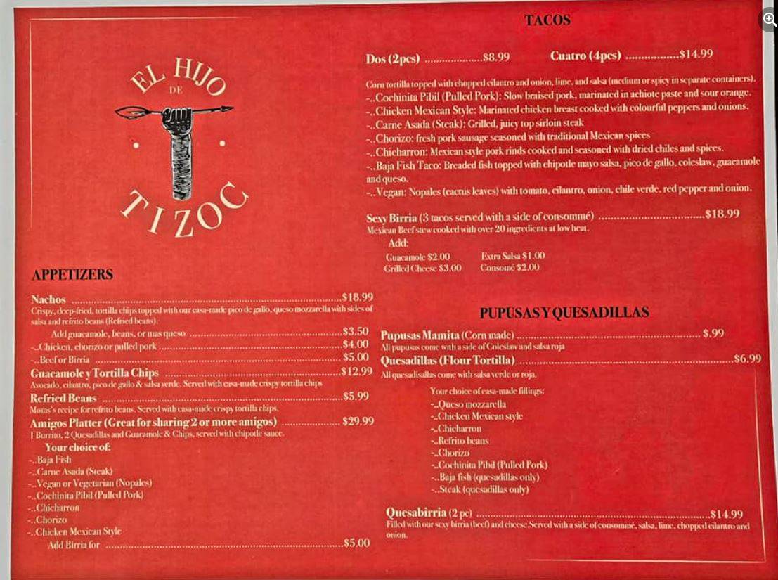 Menu at El hijo de TIZOC pub & bar, Toronto