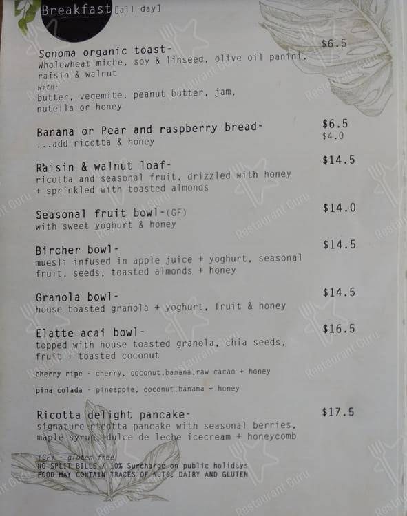 Menu at Elatte Cafe, Padstow Heights