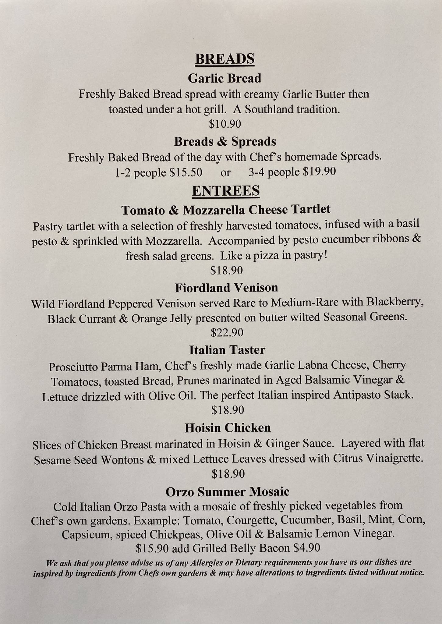 Menu at Elegance at 148 on Elles Restaurant, Invercargill