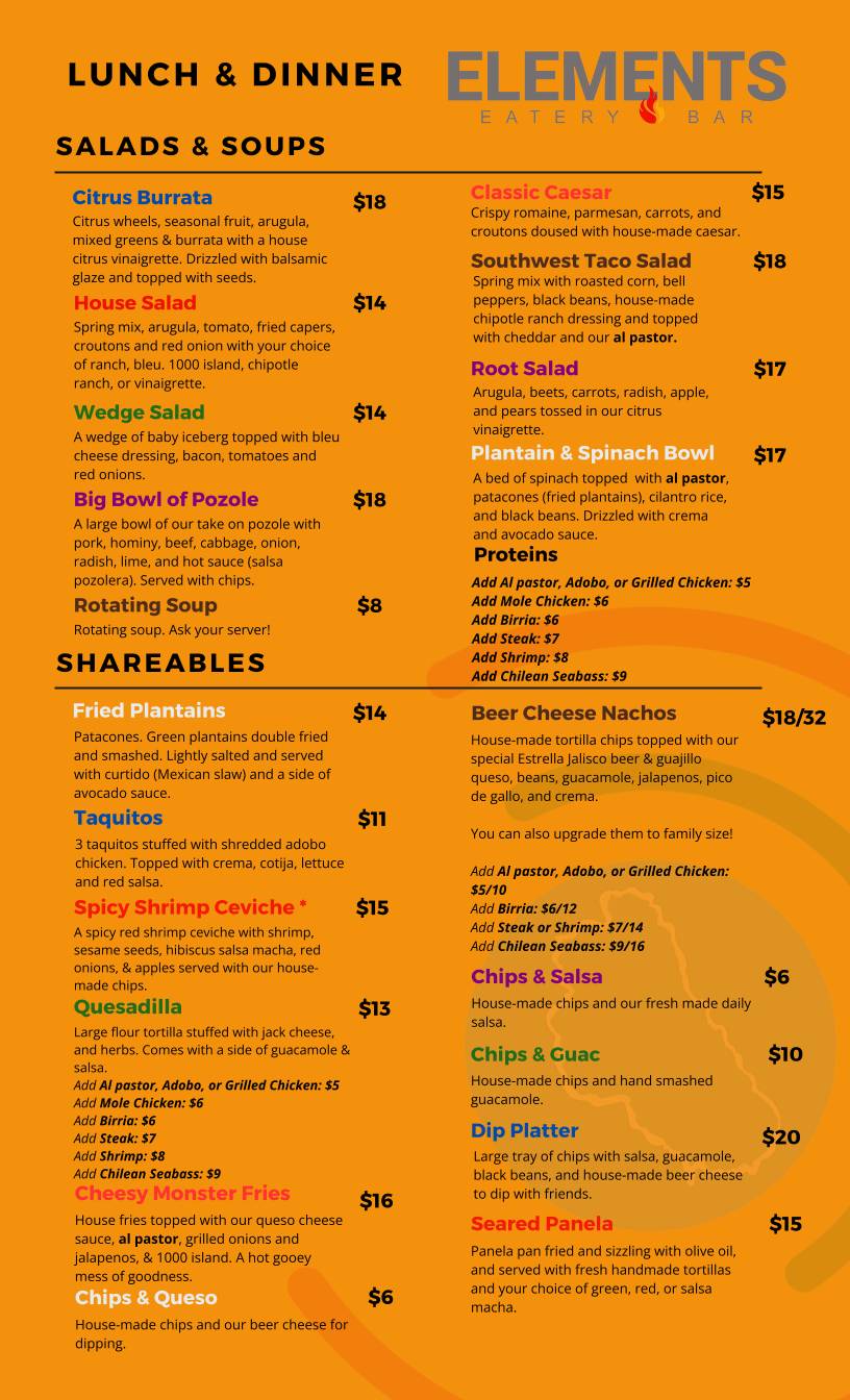 Menu at Elements Eatery & Bar, South Lake Tahoe