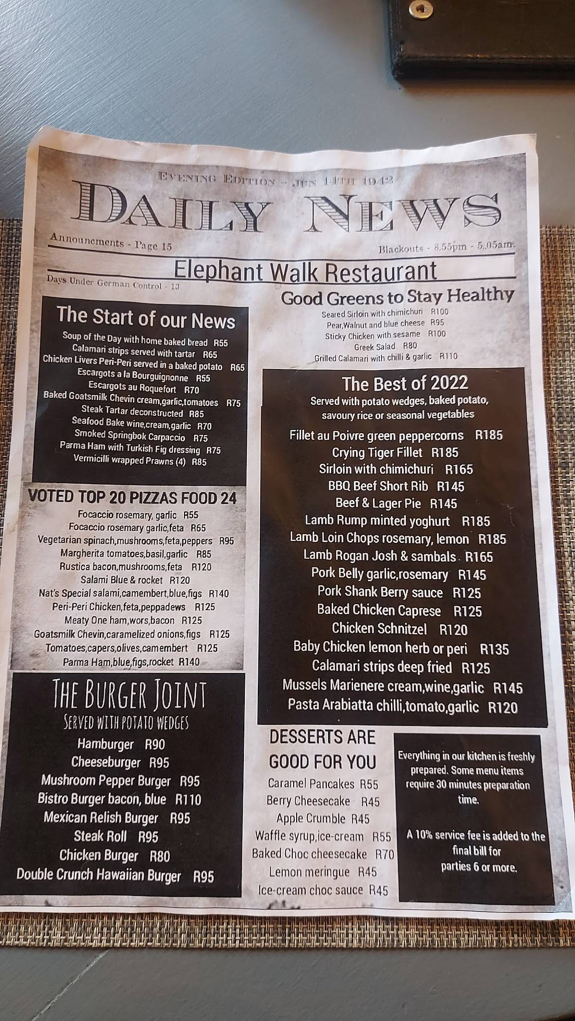 Menu at Elephant Walk Restaurant & Chalets, Port Elizabeth
