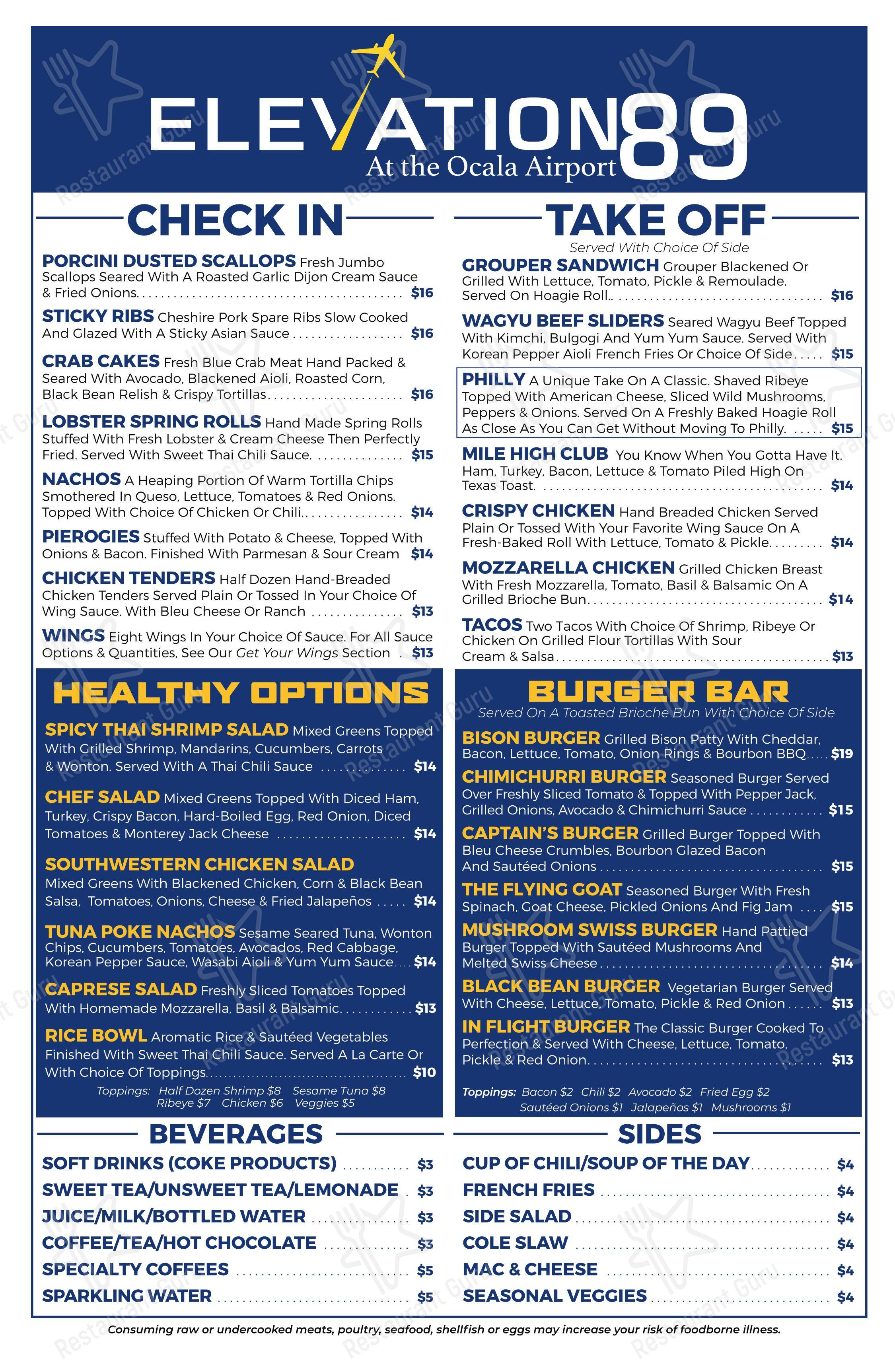 Menu at Elevation 89 restaurant, Ocala
