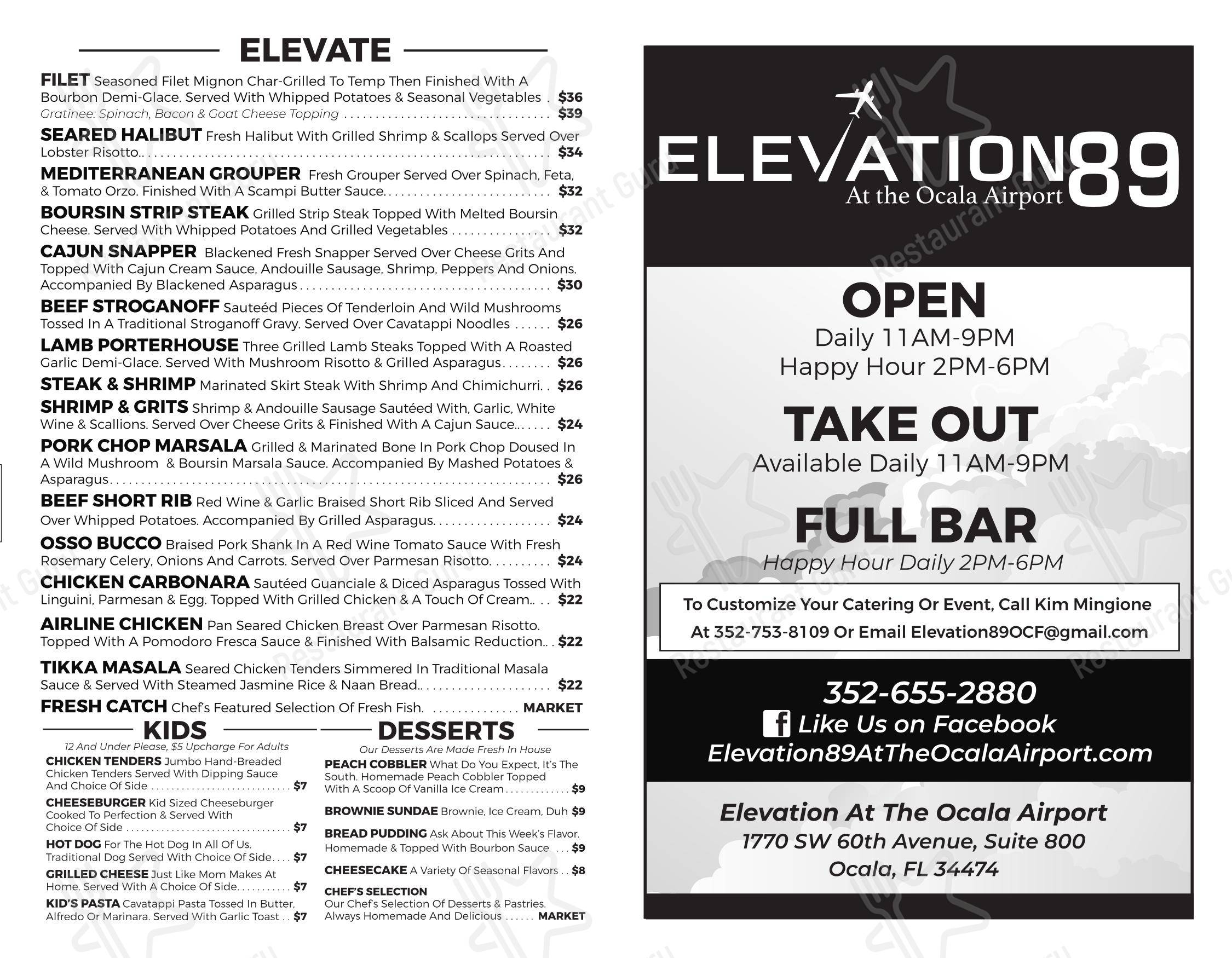 Menu at Elevation 89 restaurant, Ocala