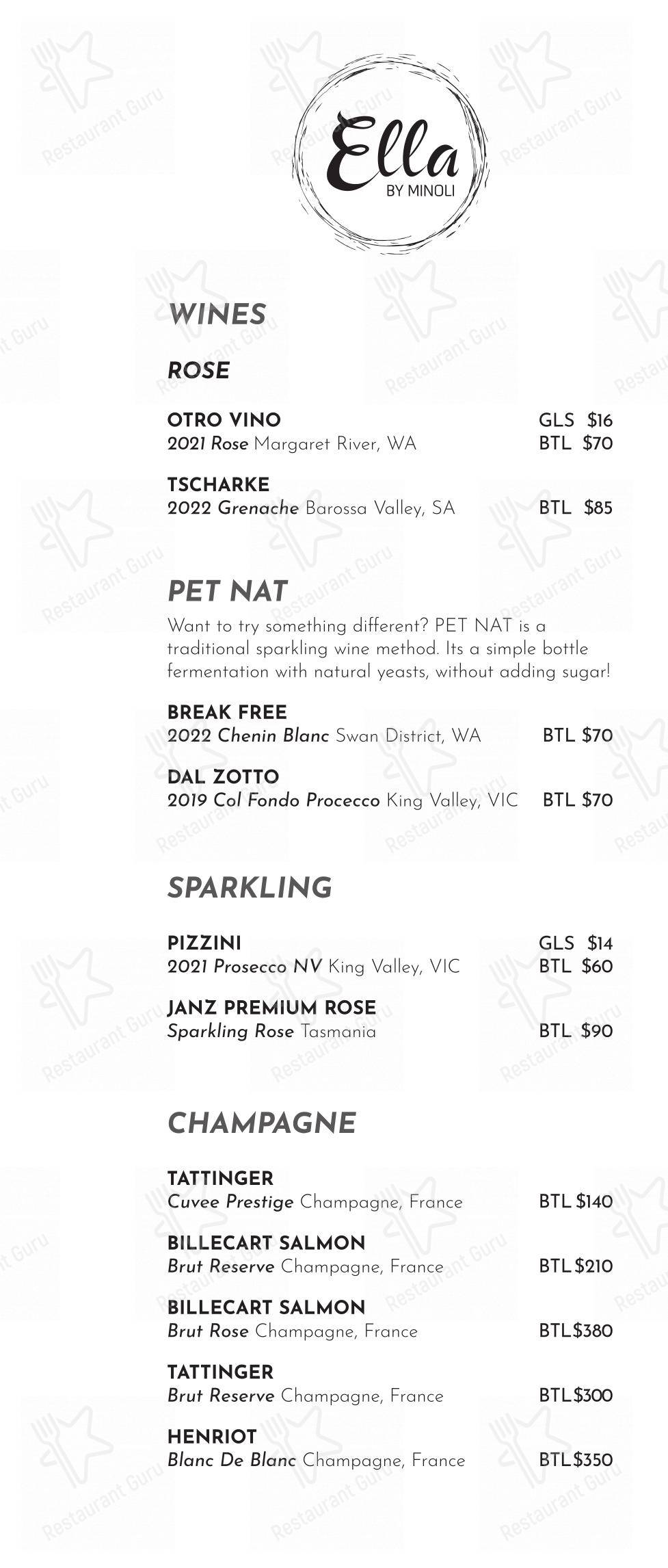 Menu at Ella by Minoli restaurant, Darwin City