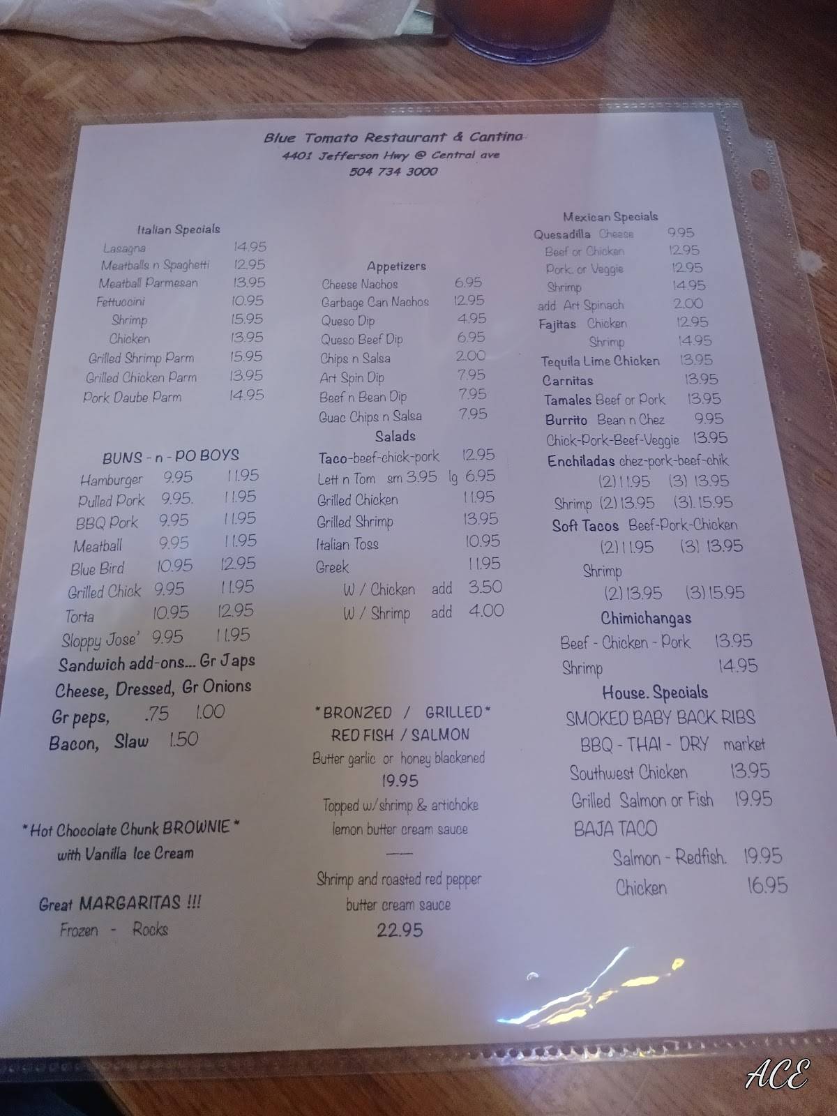 Menu at Blue Tomato restaurant, New Orleans