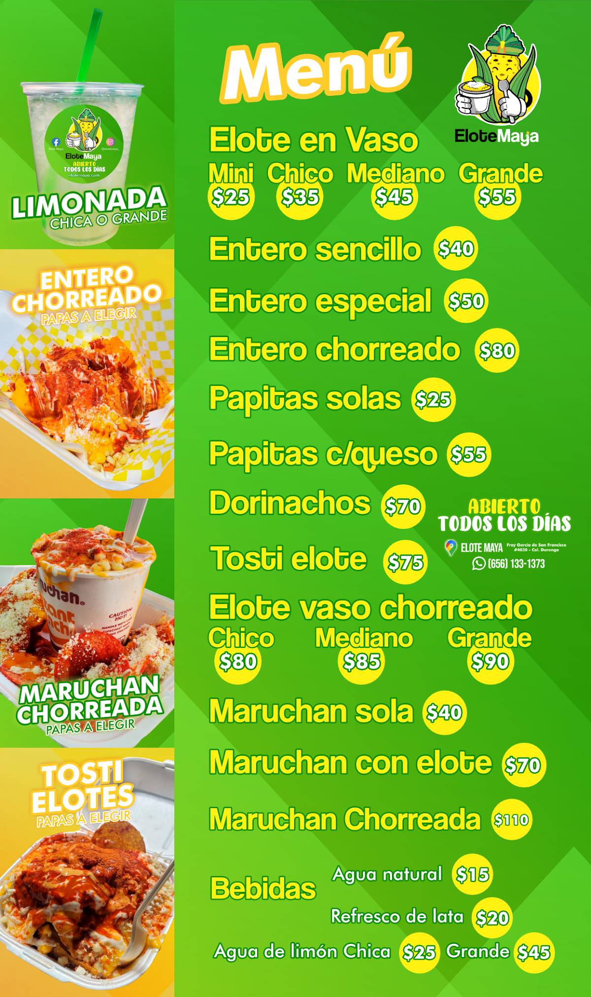 Menu at Elote Maya restaurant, Ciudad Juarez