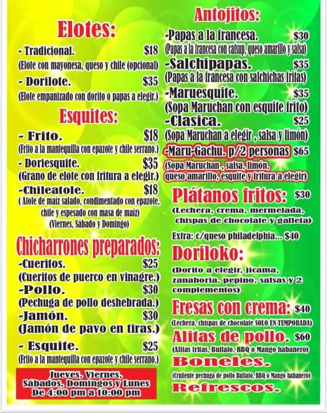 Menu at Elotes y Esquites "Los Gachu" restaurant, Santa Ana Nopalucan