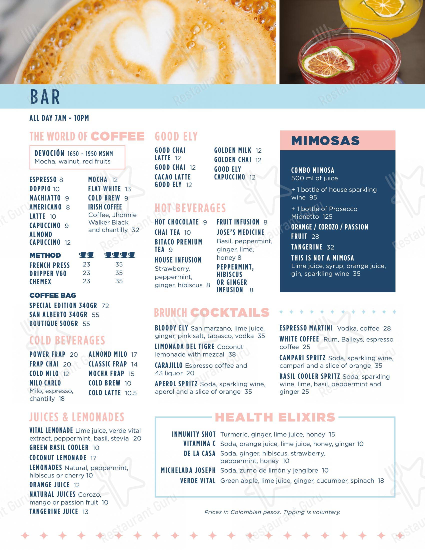 Menu at Ely Café Bocagrande, Cartagena