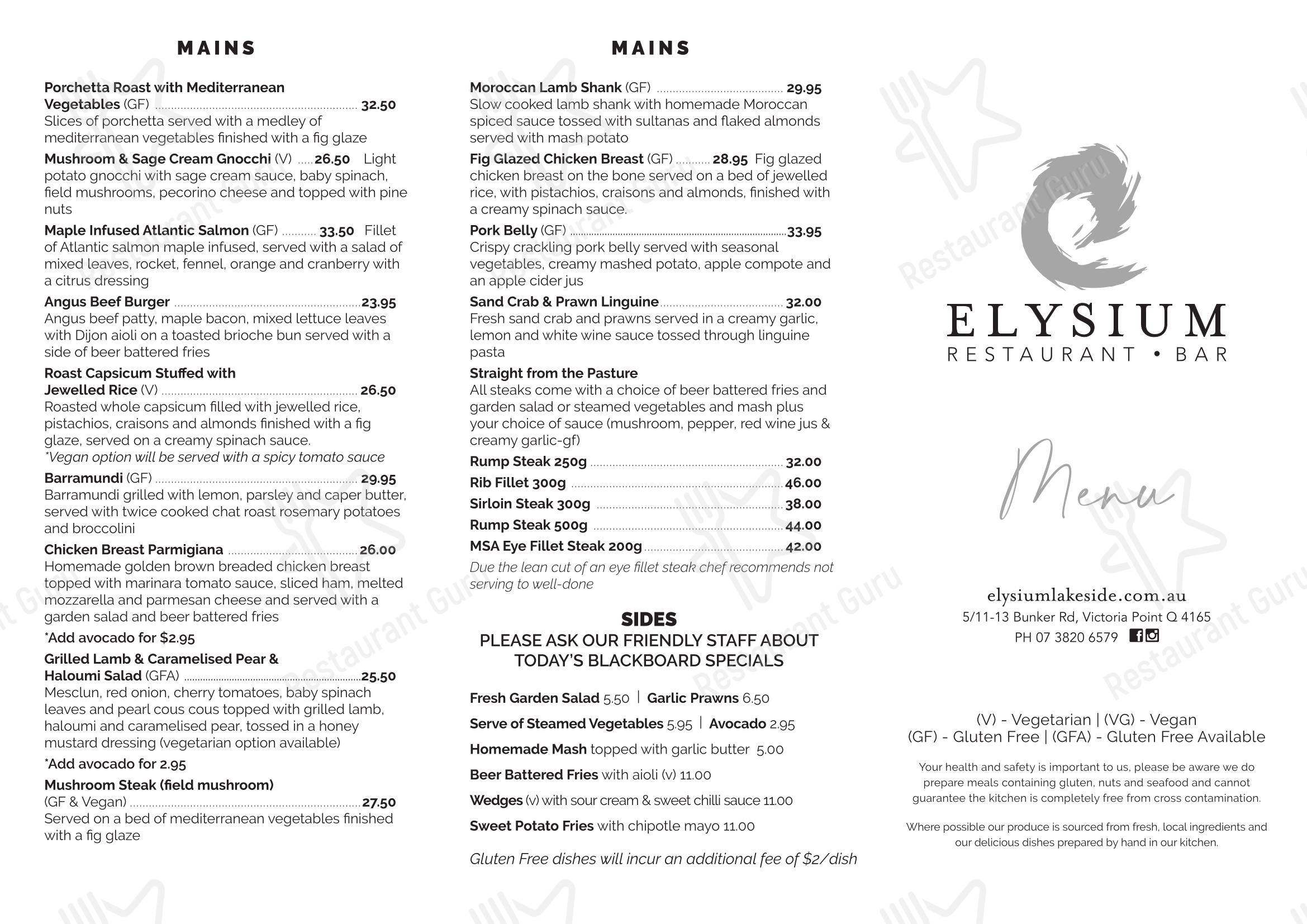 Menu at Elysium Restaurant & Bar, Victoria Point