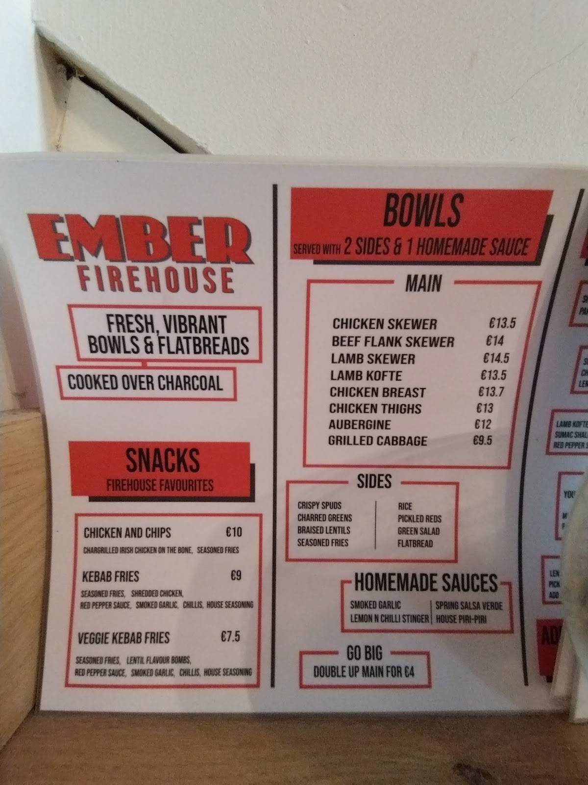 Menu at Ember Firehouse restaurant, Galway