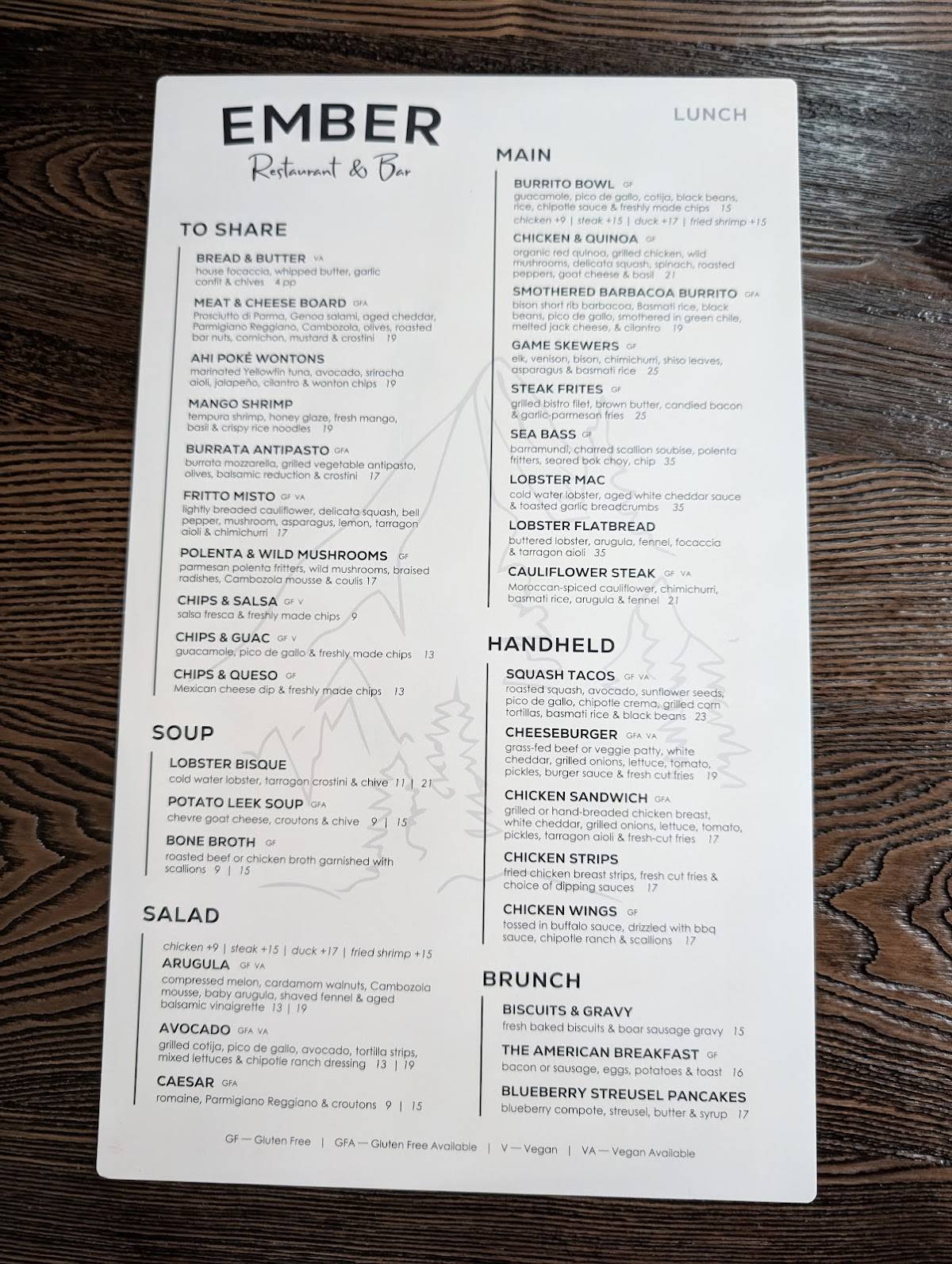 Menu at Ember Restaurant & Bar, Estes Park