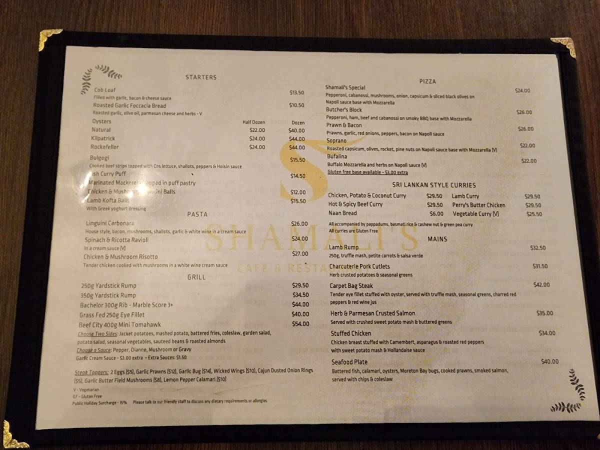 Menu at Shamali’s Cafe & Restaurant, Emerald
