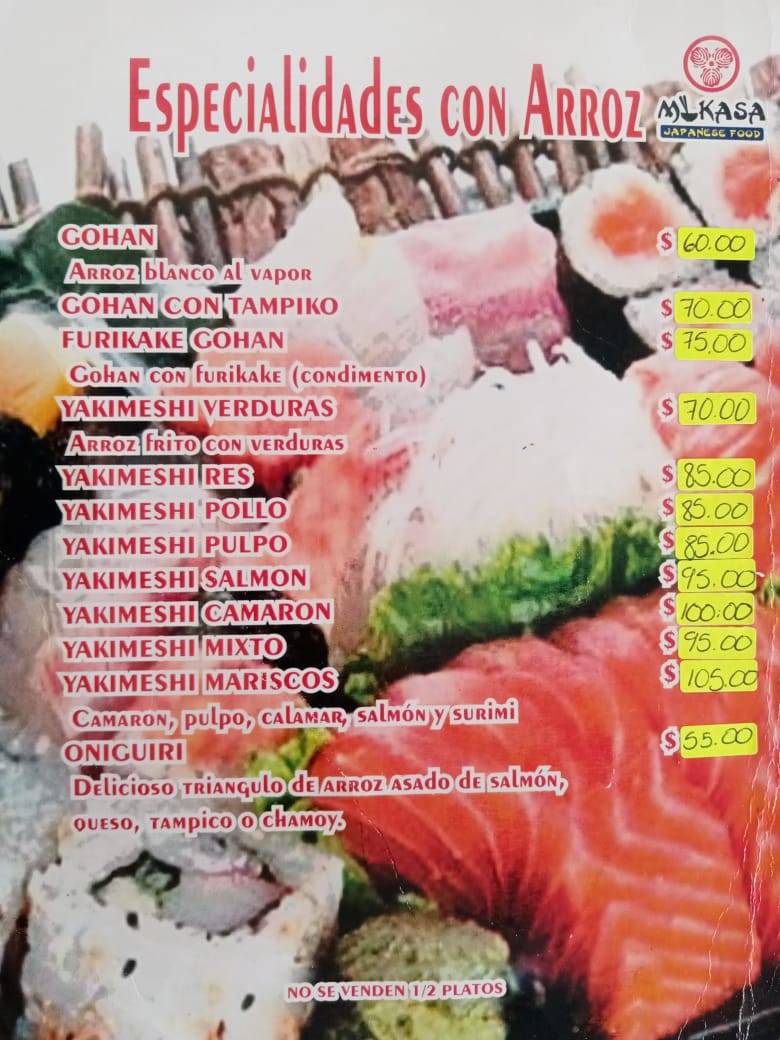 Carta del restaurante Mikasa comida japonesa, Tres del Mayo