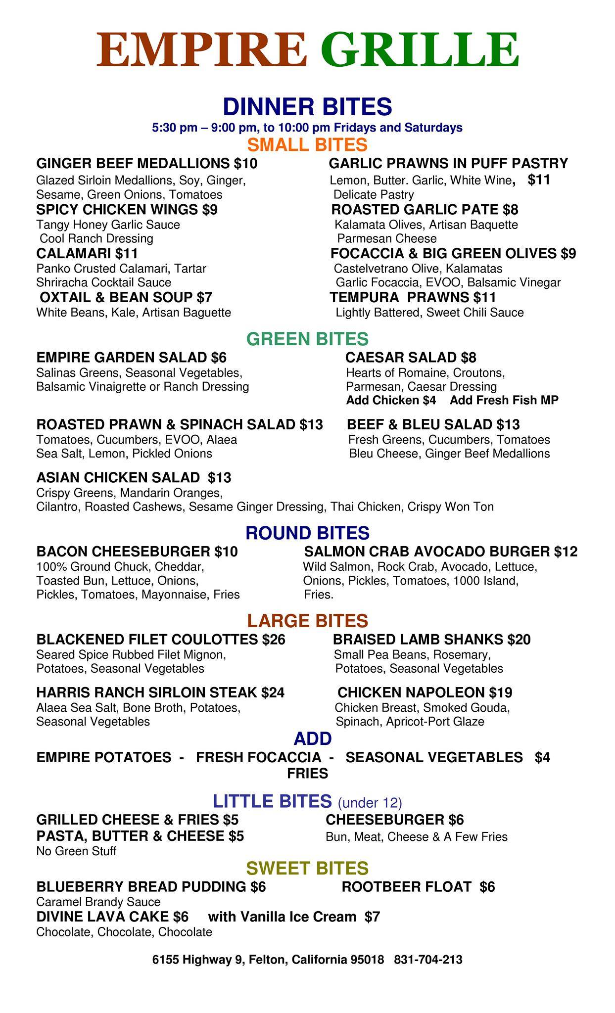 Menu at Empire Grille pub & bar, Felton