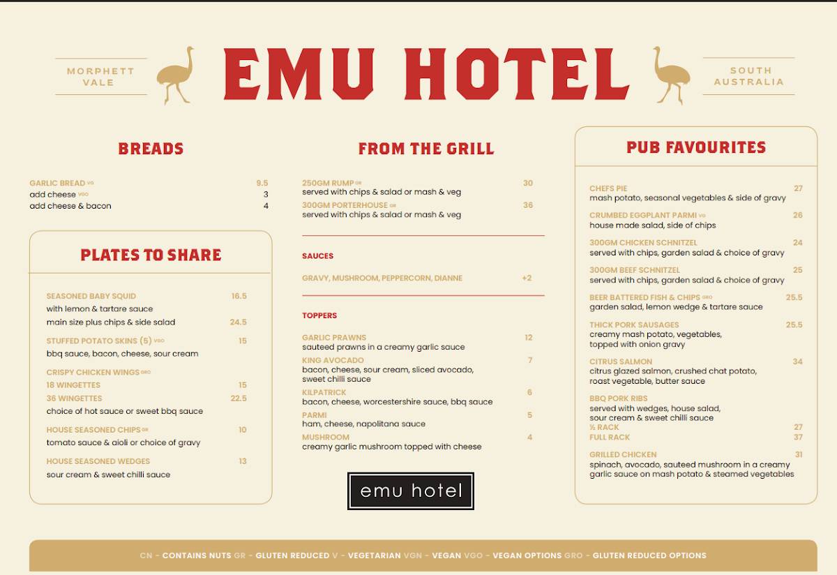 Menu at Emu Hotel pub & bar, Morphett Vale
