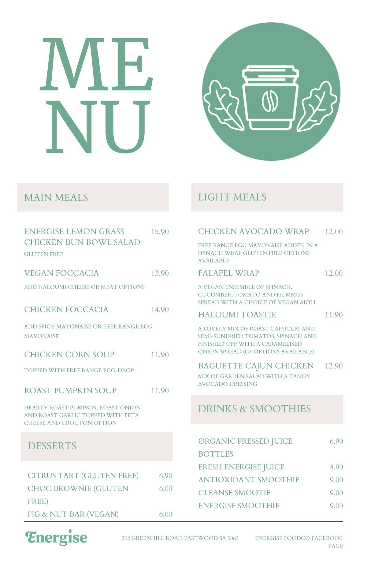 Menu at Energise Foodco cafe, Eastwood