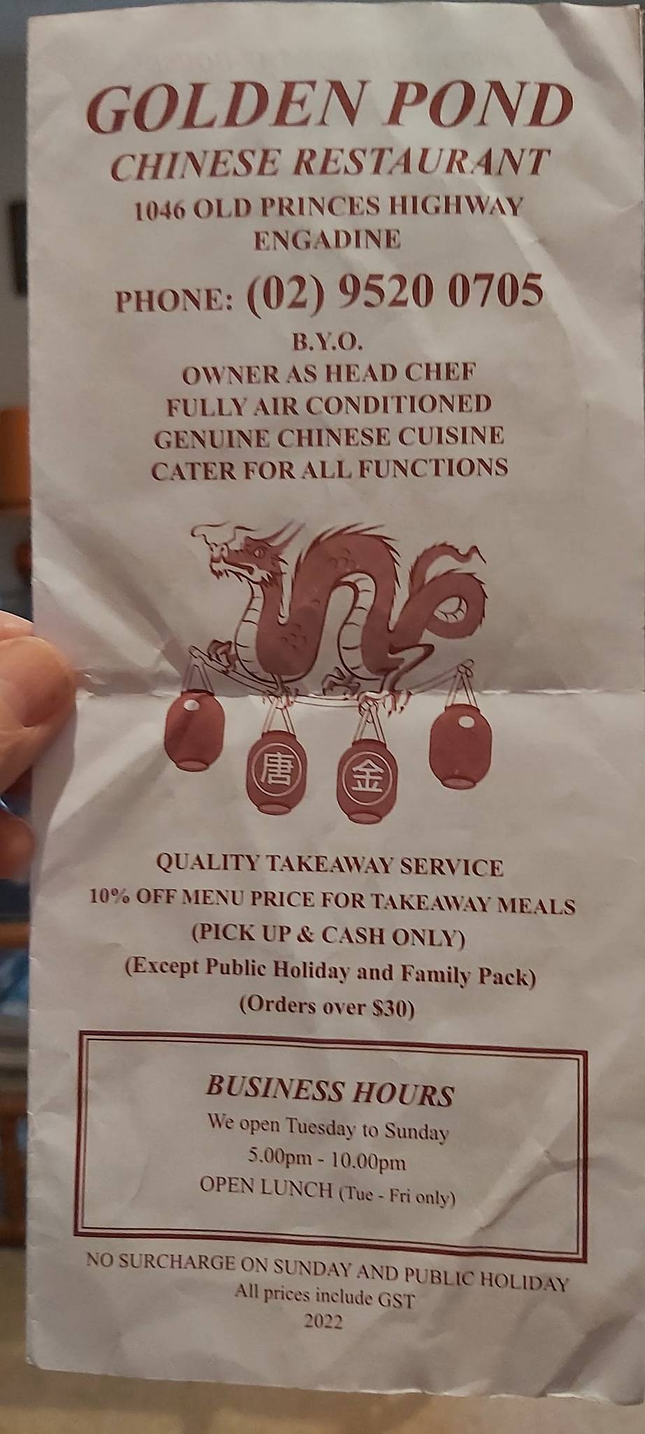 Menu at Golden Pond Chinese Restaurant, Engadine