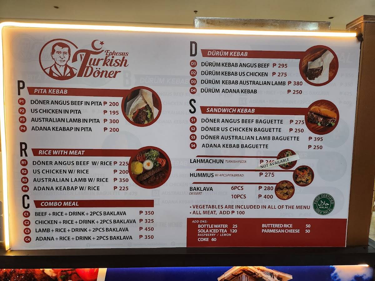 Menu at Ephesus Turkish Döner restaurant, Quezon City