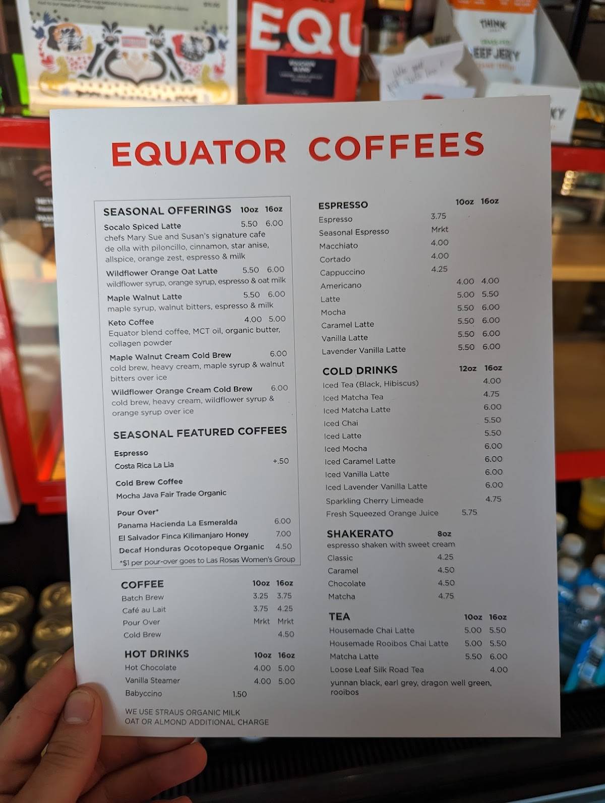 Menu at Equator Coffees cafe, Culver City