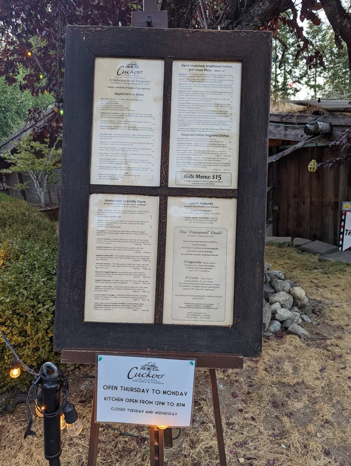 Menu at Cuckoo Trattoria and Pizzeria, Coombs