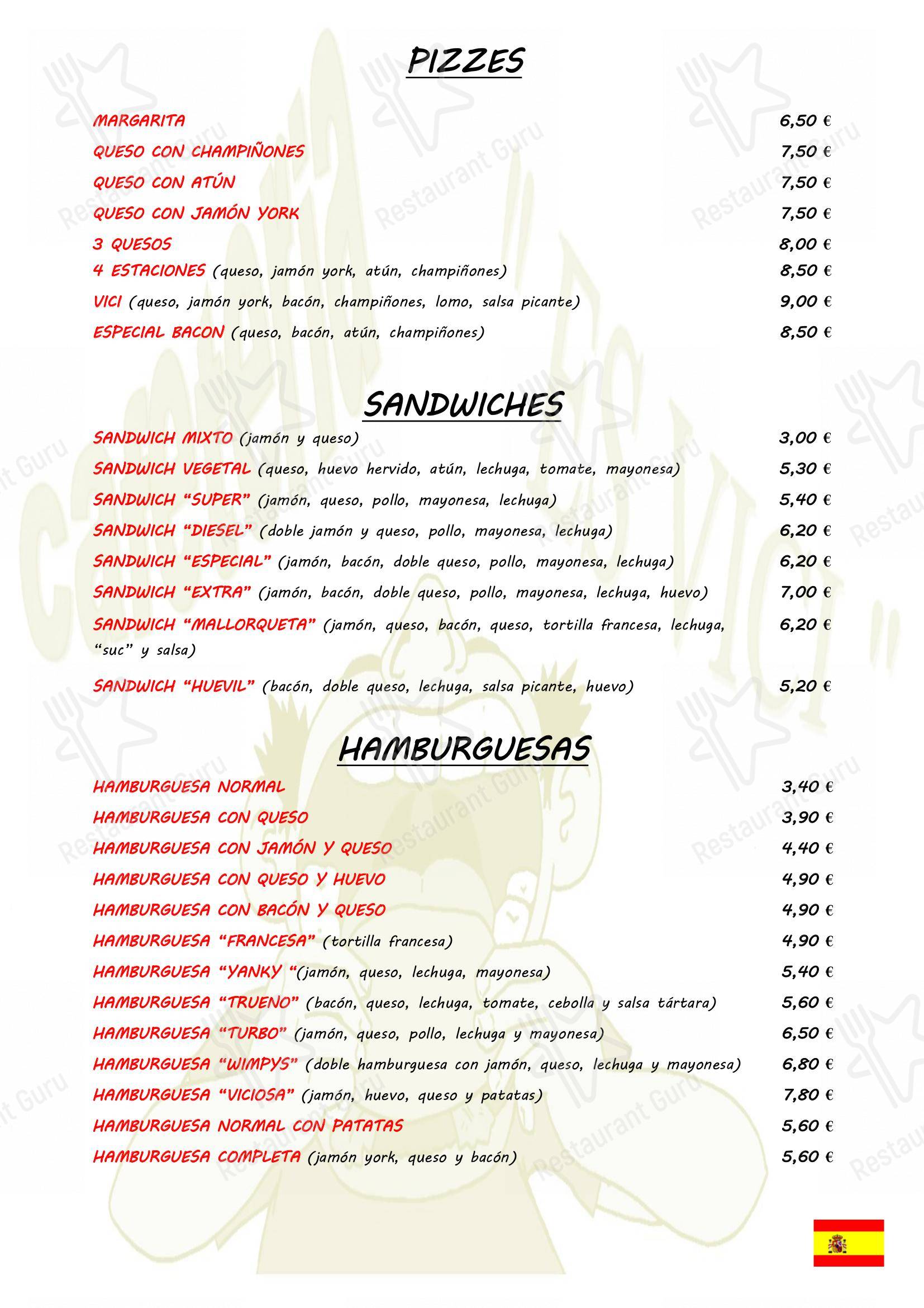 Carta del café Es Vici, Campos, Carretera Palma-santanyi