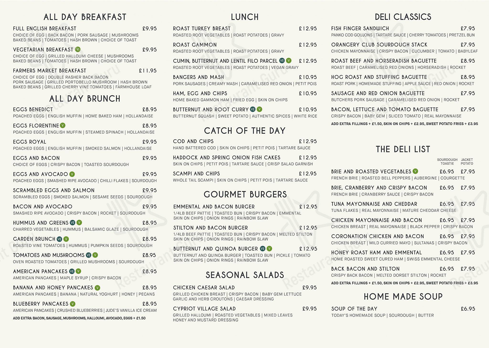 Menu at The Orangery Tea House restaurant, Esher
