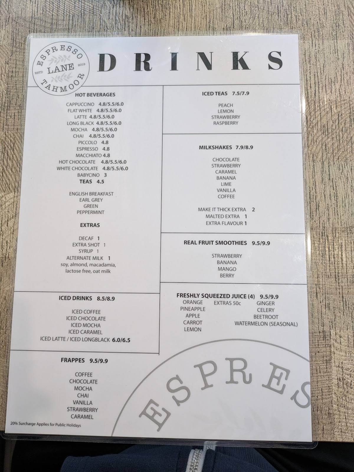 Menu at Espresso Lane Tahmoor cafe, Tahmoor, 117 Remembrance Driveway