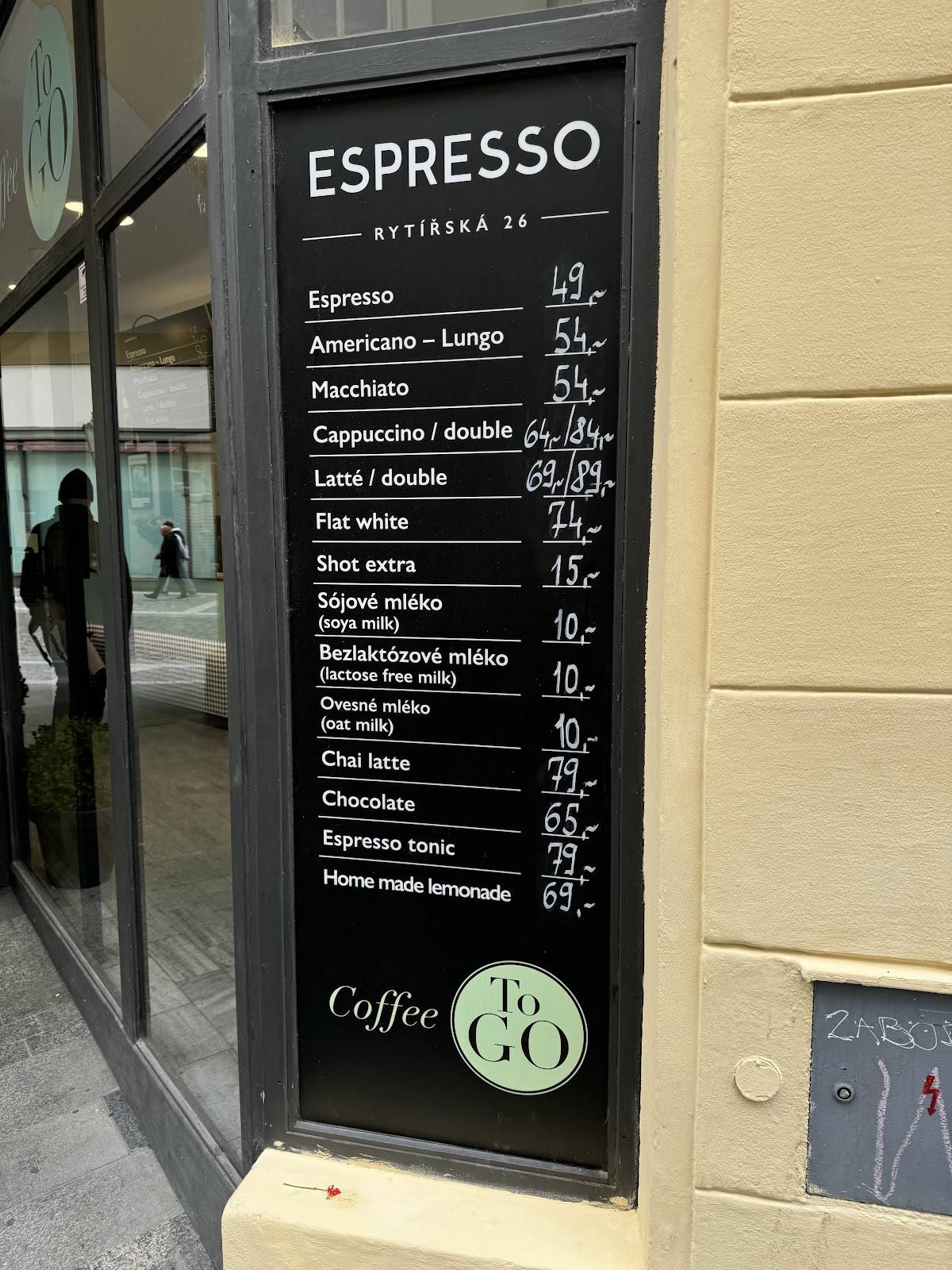 Menu at Espresso cafe, Prague, Rytířská 398