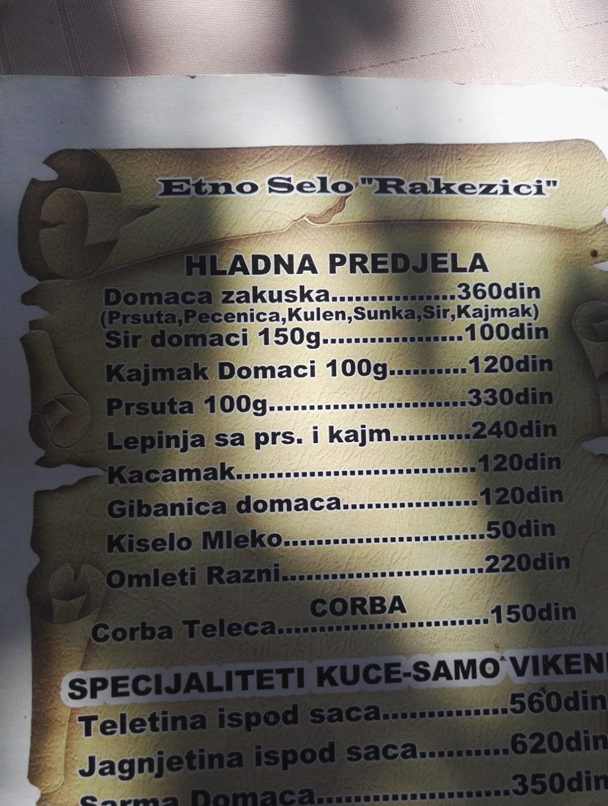 Menu au Ethno village Rakezici restaurant, Brezovica