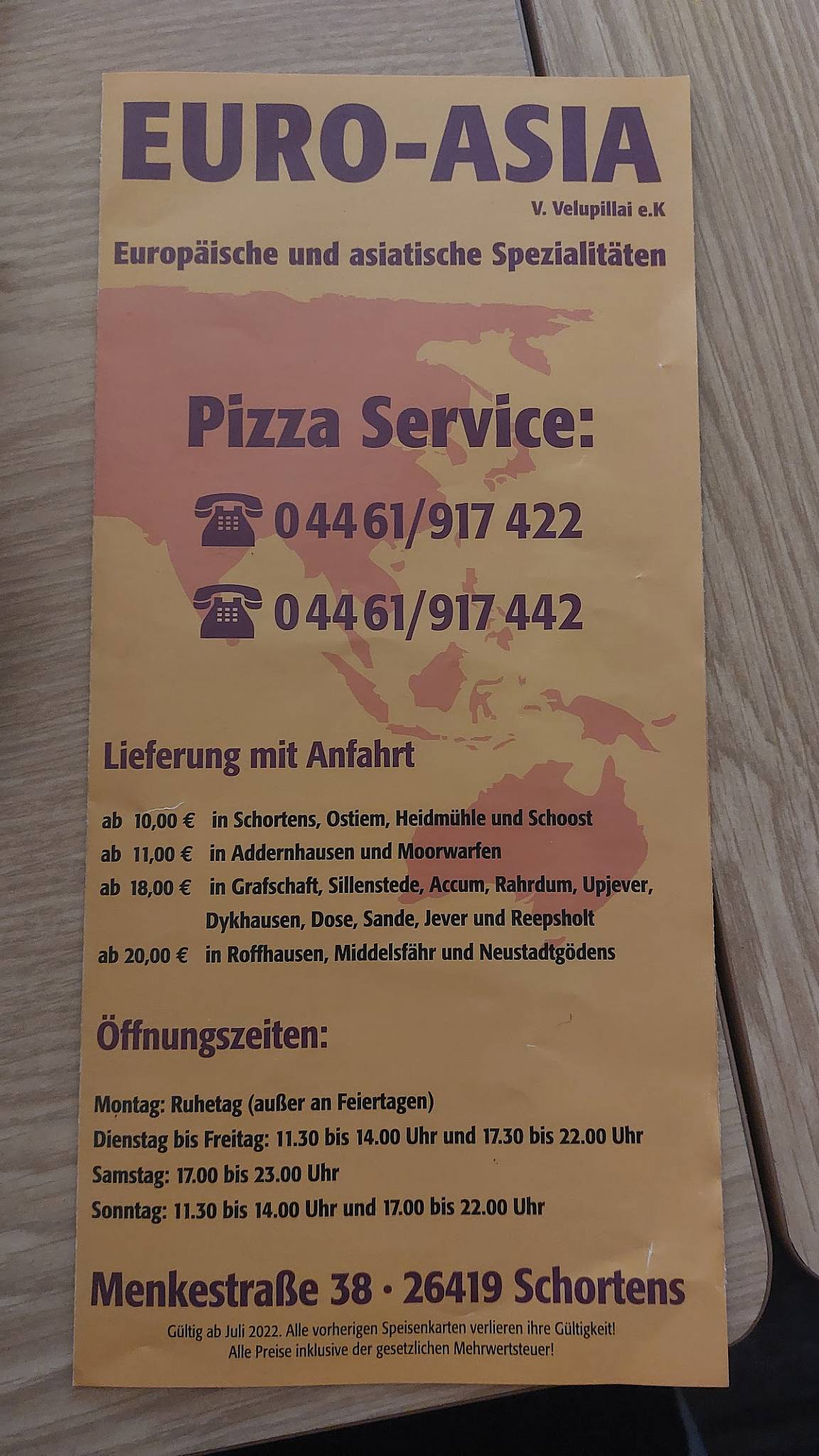 Speisekarte von Euro-Asia restaurant, Schortens, Menkestraße 38