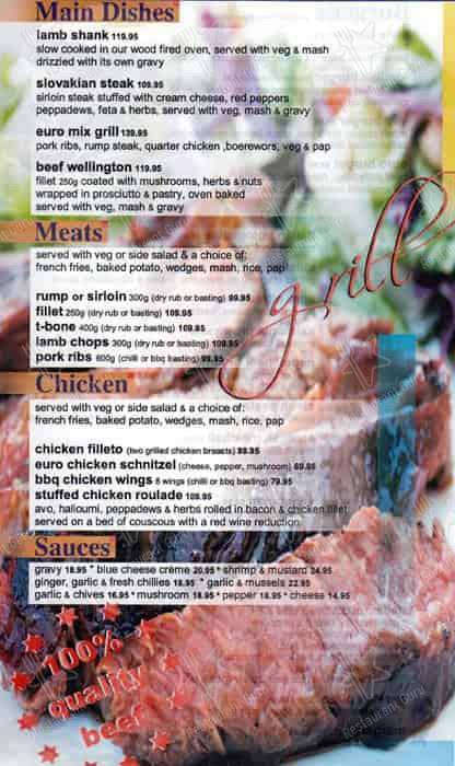Menu at Euro Caffé cafe, Bloemfontein, U32 Mimosa Mall
