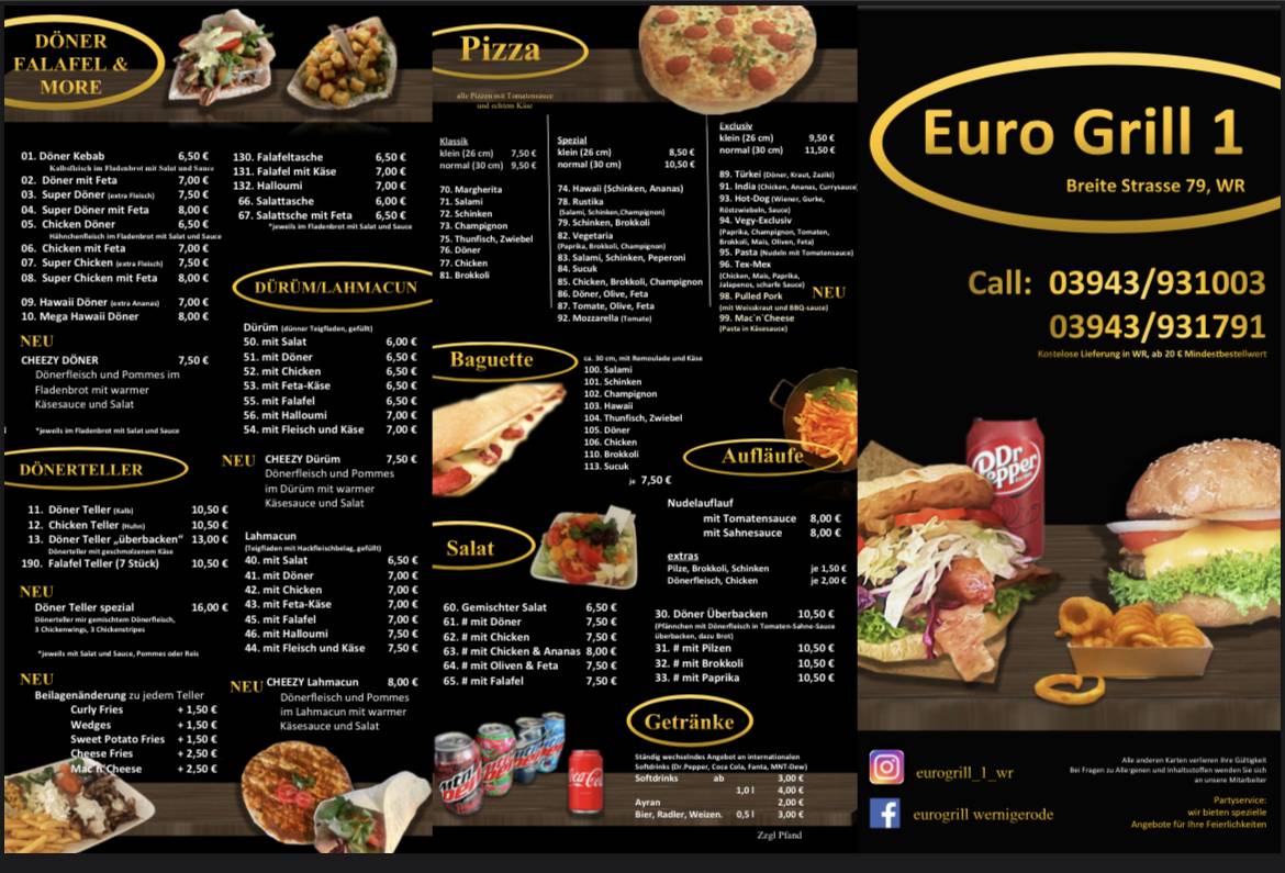 Speisekarte von Euro Grill 1 Burger/Döner/Pizza und mehr, Wernigerode