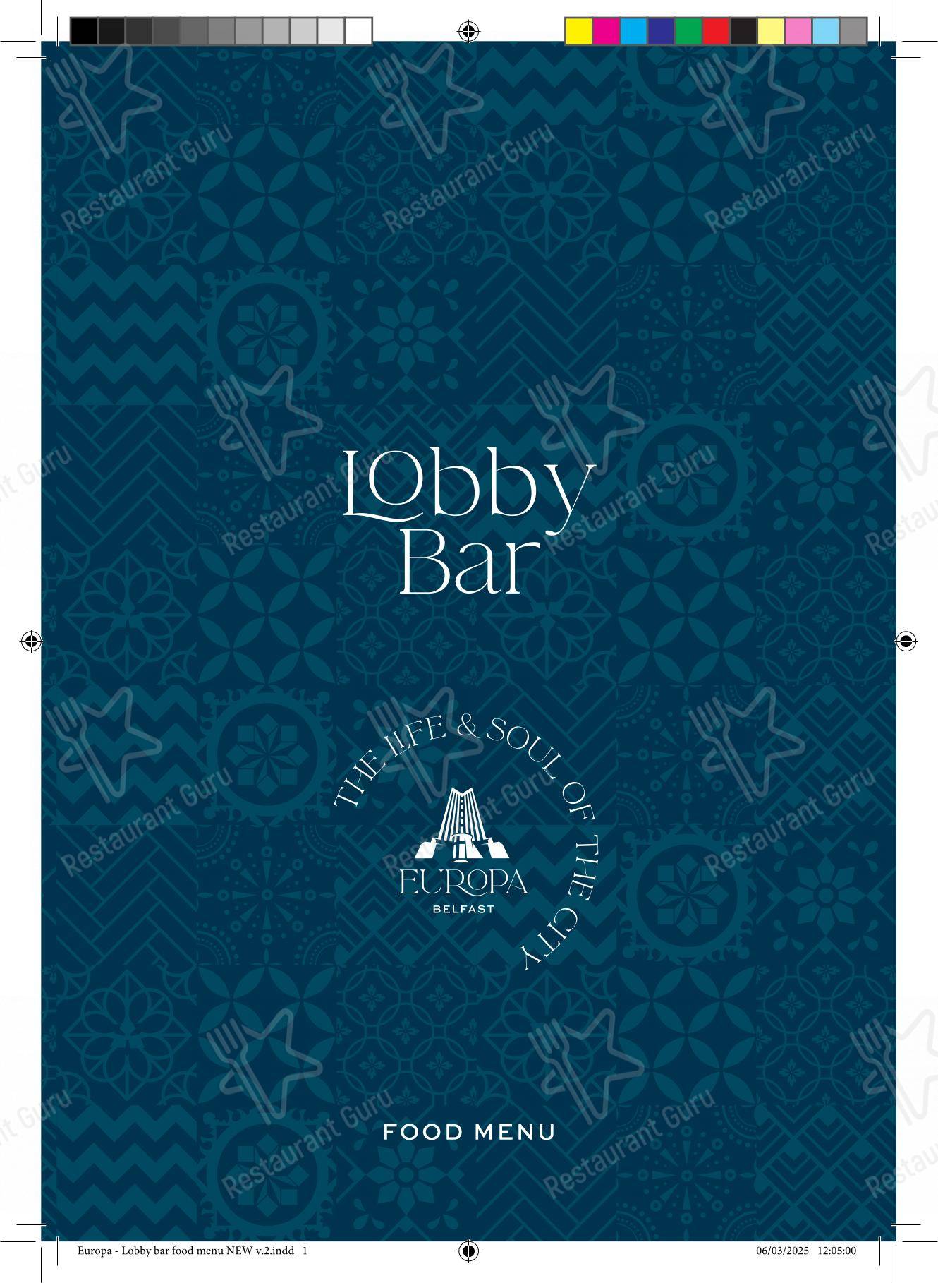 Menu at Europa Piano Bar, Belfast