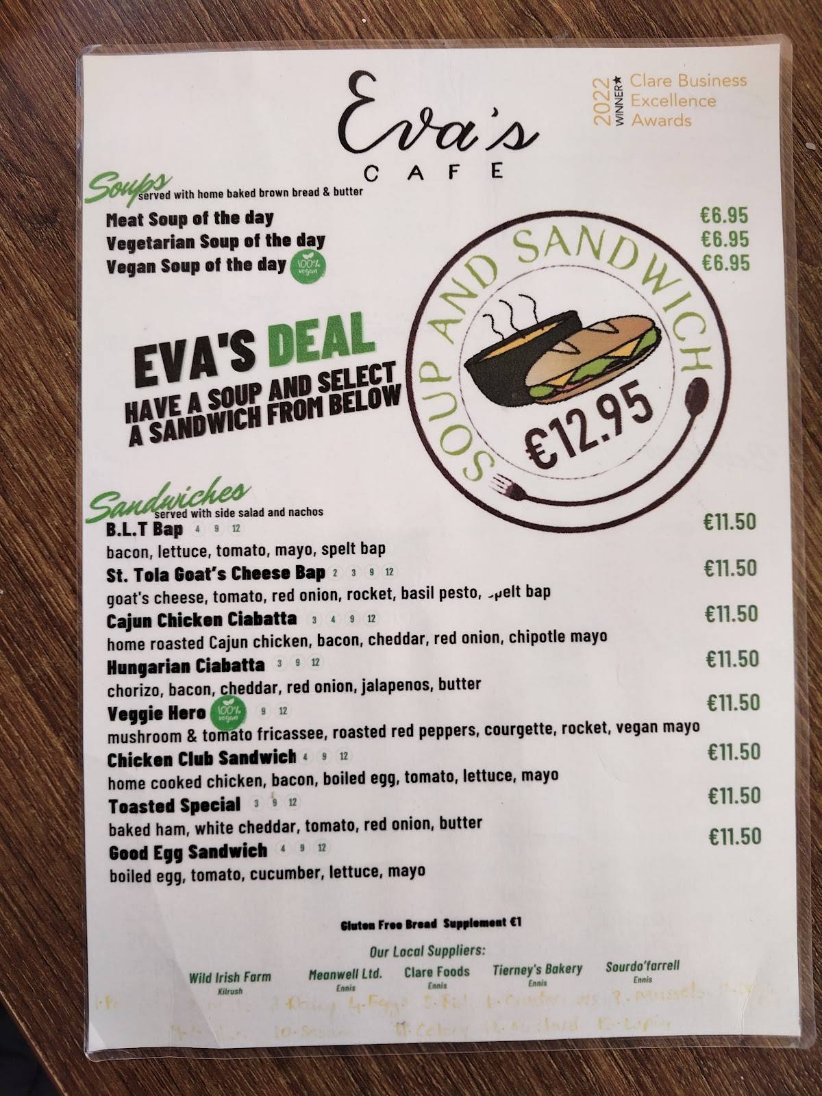 Menu at Eva's cafe, Ennis
