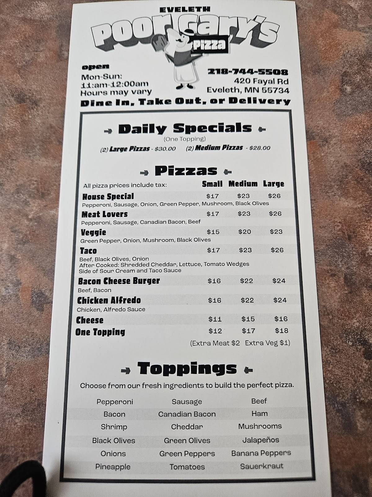 Menu at Poor Gary's Pizza Of Eveleth pizzeria, Eveleth