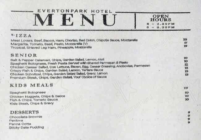 Menu at Everton Park Hotel pub & bar, McDowall