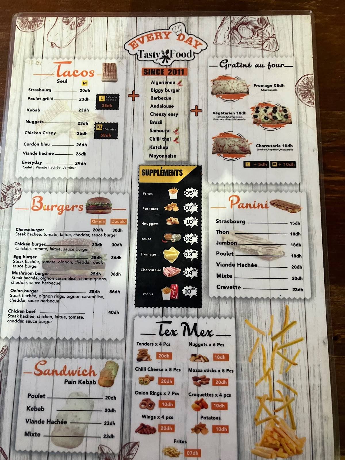 Menu au Snack Every Day restaurant, Temara
