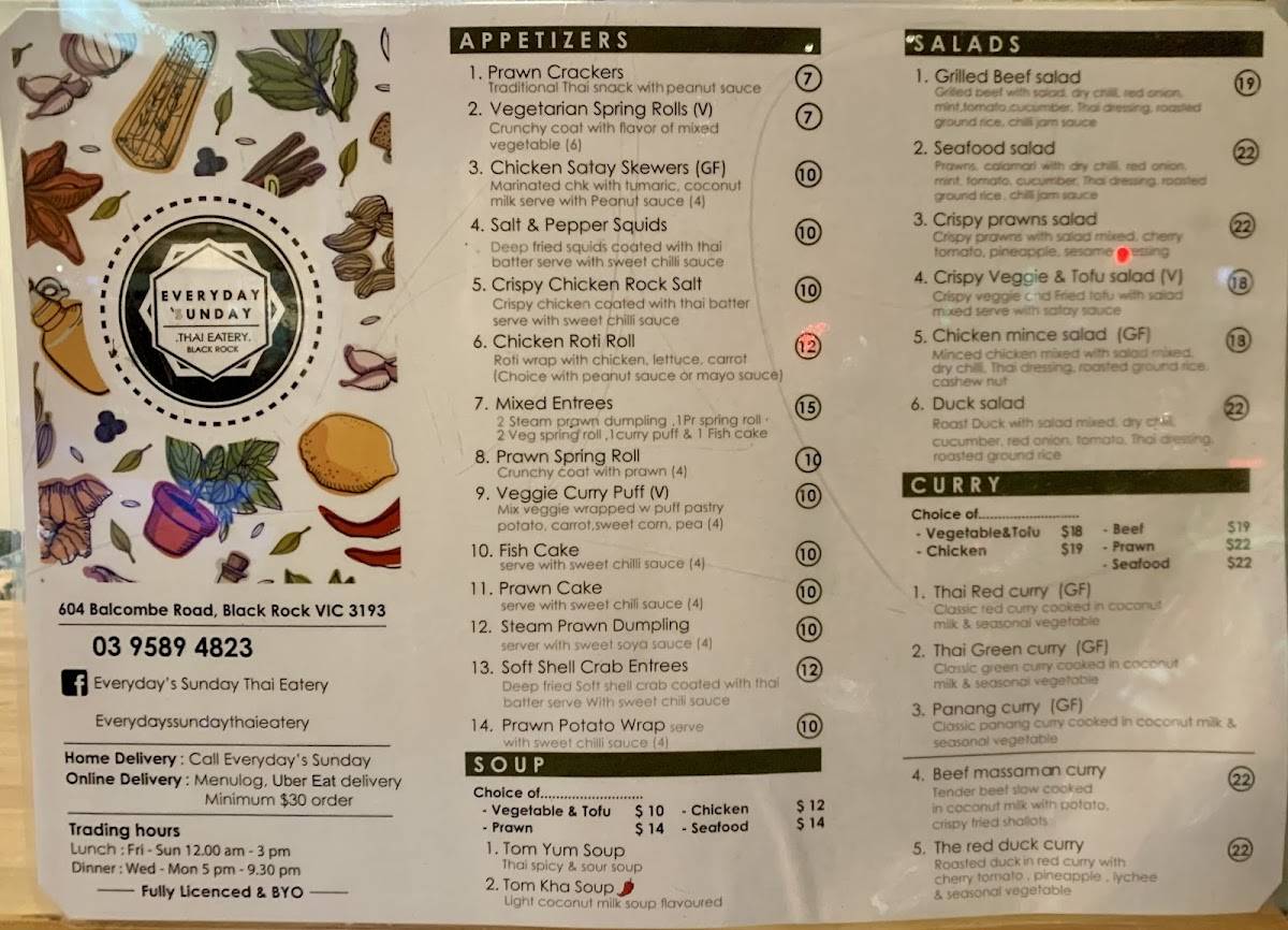 Menu at Everyday's Sunday Thai Eatery restaurant, Black Rock