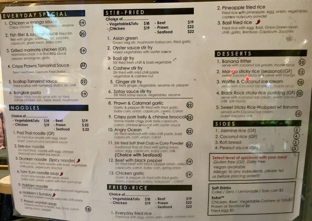 Menu at Everyday's Sunday Thai Eatery restaurant, Black Rock