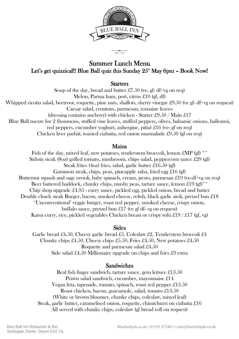 Menu at Blue Ball Inn pub & bar, Exeter
