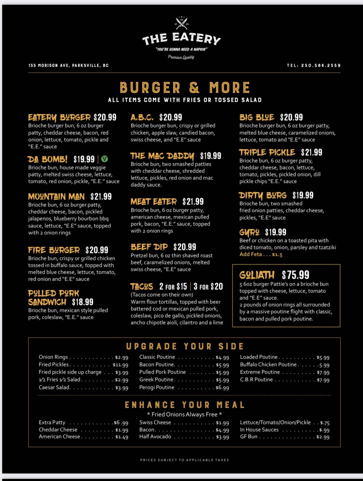 Menu at Extreme Eatery restaurant, Parksville