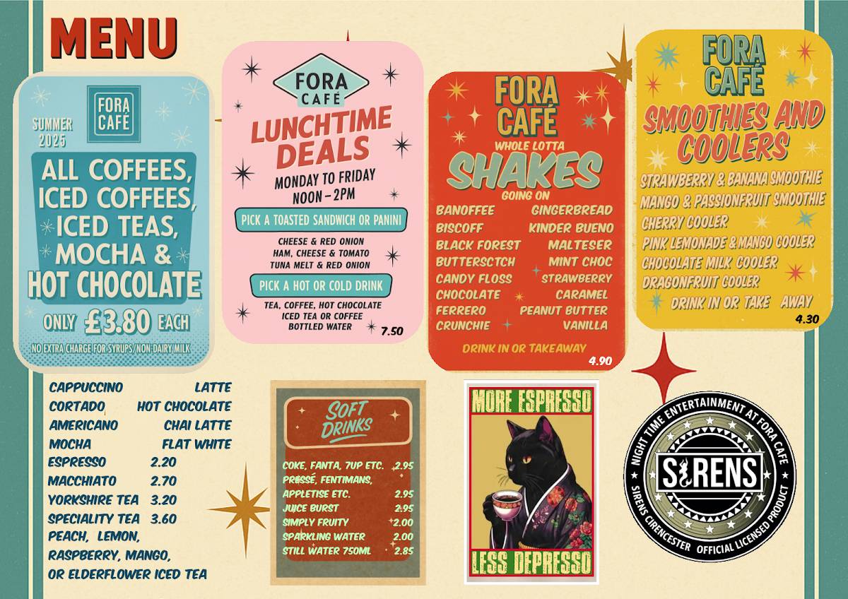 Menu at FORA Coffee cafe, Cirencester