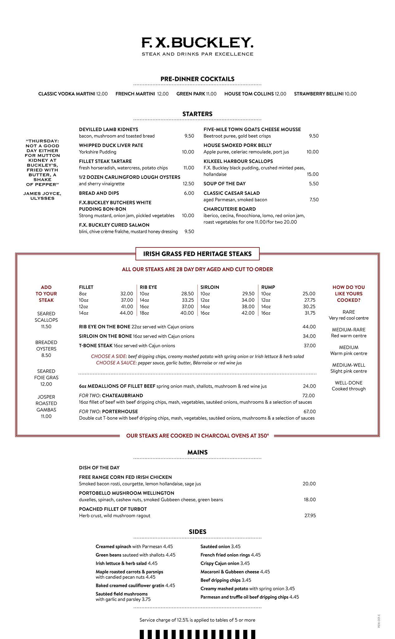 Menu at FXB Steak & Seafood restaurant, Dublin, 1A Lwr Pembroke St