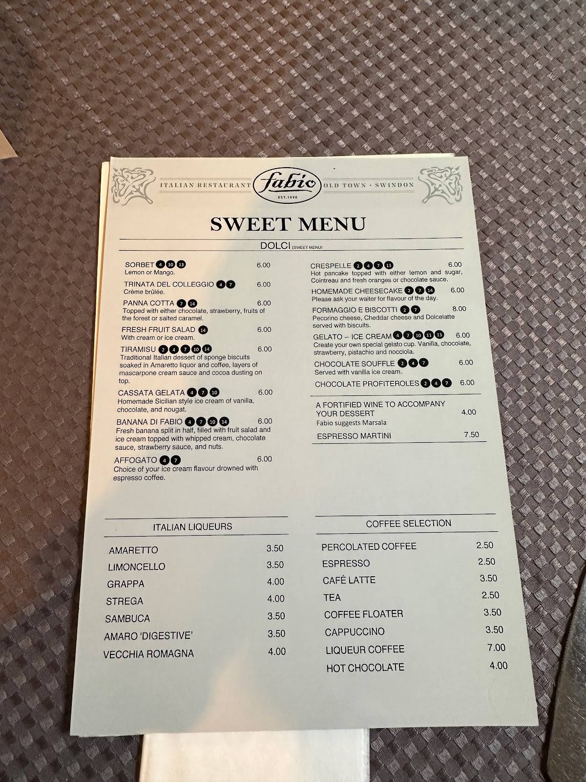 Menu at Fabio Ristorante restaurant, Swindon