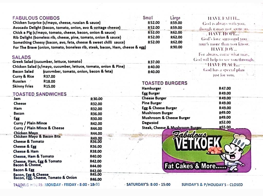 Menu at Fabulous Vetkoek restaurant, Meyerton