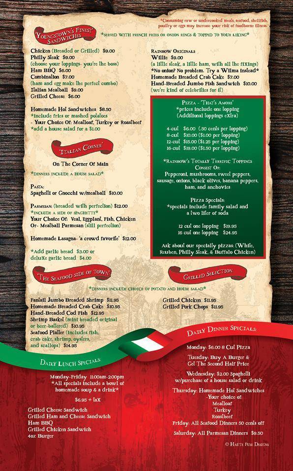 Menu at Falbo’s Rainbow Inn pub & bar, Youngstown, 256 Main St