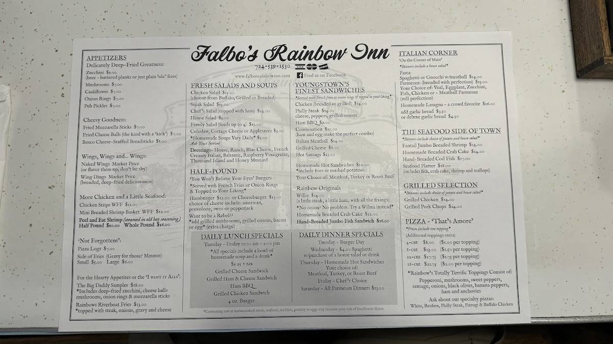 Menu at Falbo’s Rainbow Inn pub & bar, Youngstown, 256 Main St