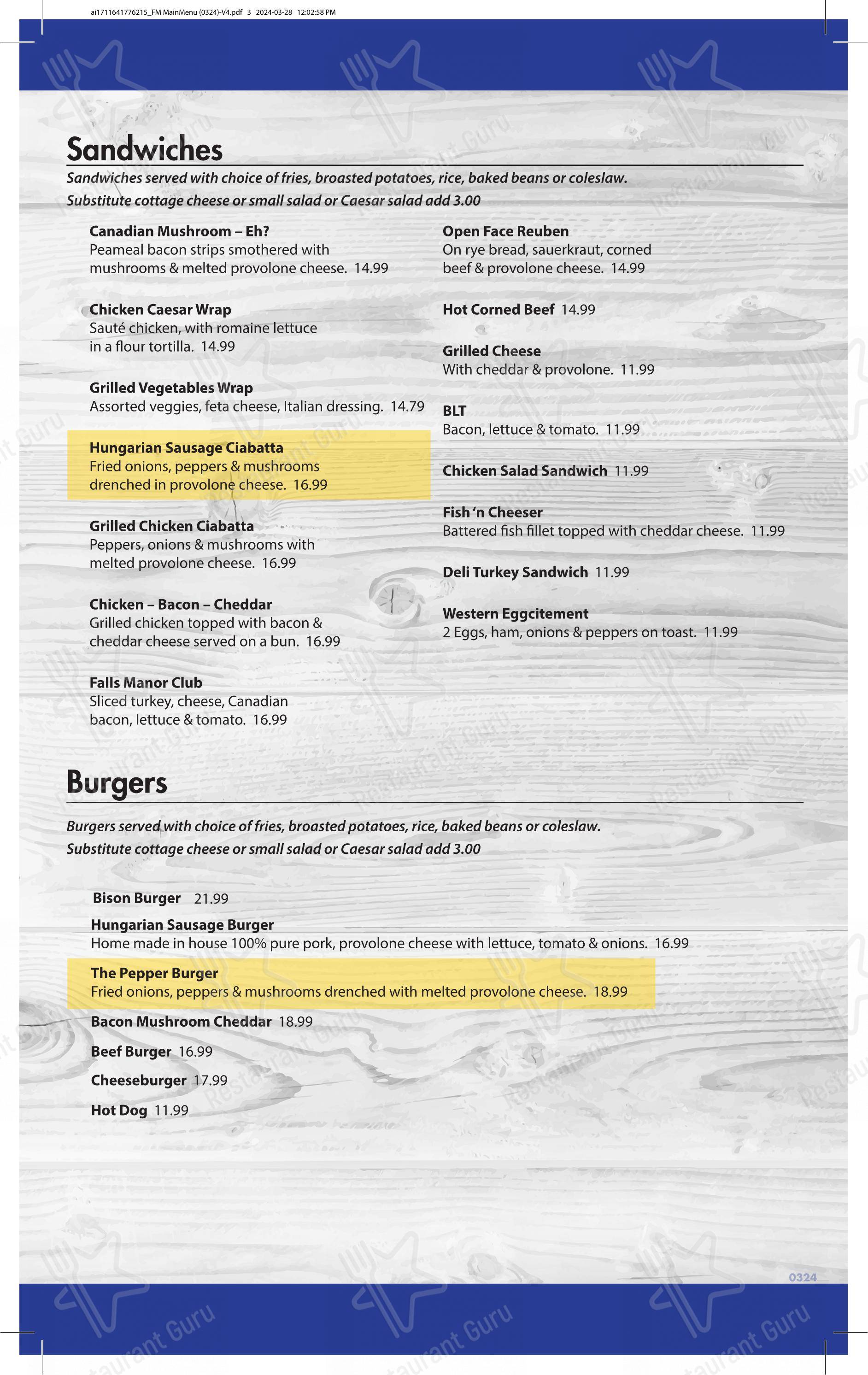 Menu at Falls Manor Restaurant, Niagara Falls