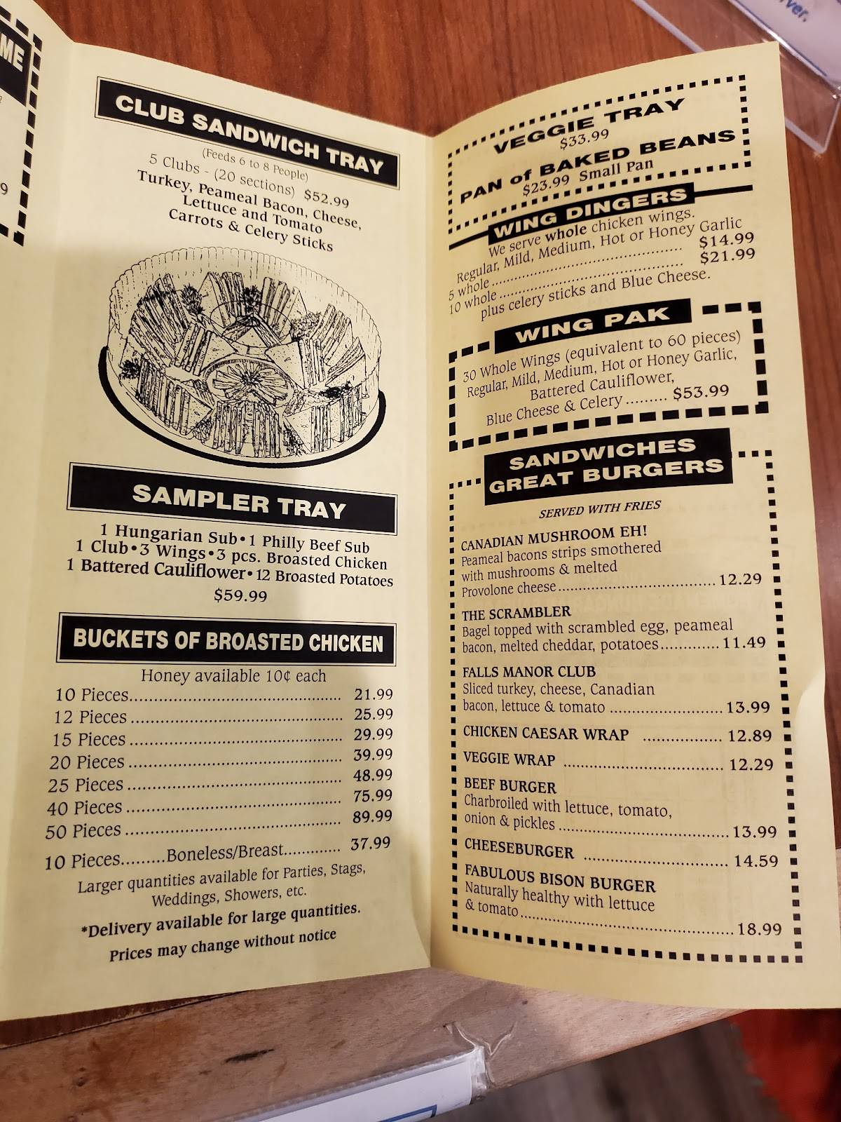 Menu at Falls Manor Restaurant, Niagara Falls